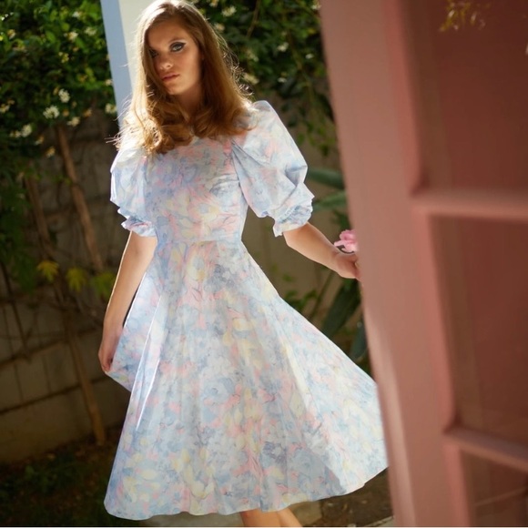 Selkie | Dresses | Selkie Monet Midi Puff Tea Dress In Pastel Sunroom ...